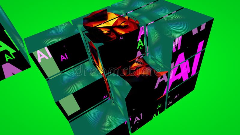 Digital Human Face on Cube Artificial Intelligence Concept on Green ...