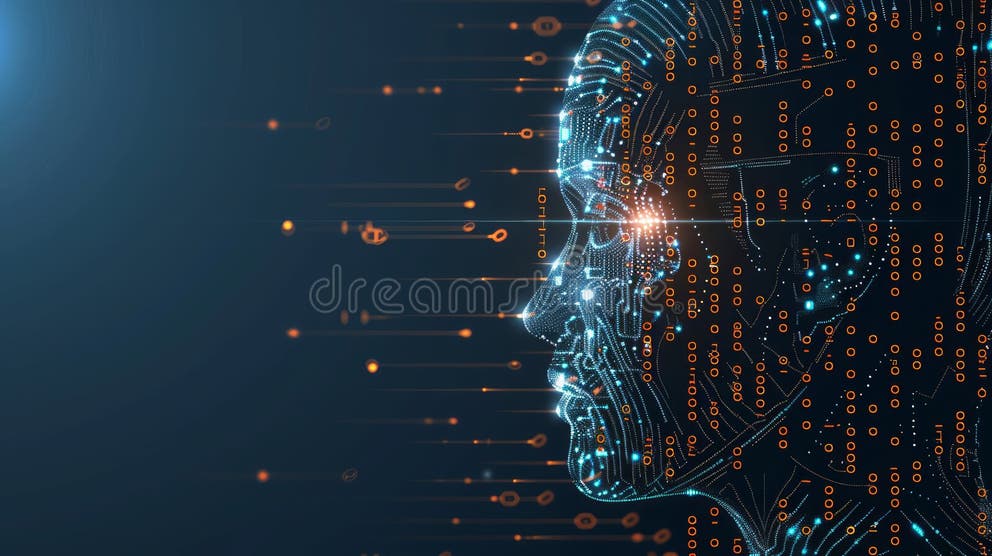 Digital Human Face with Data Points and Glowing Elements Representing Artificial Intelligence ...