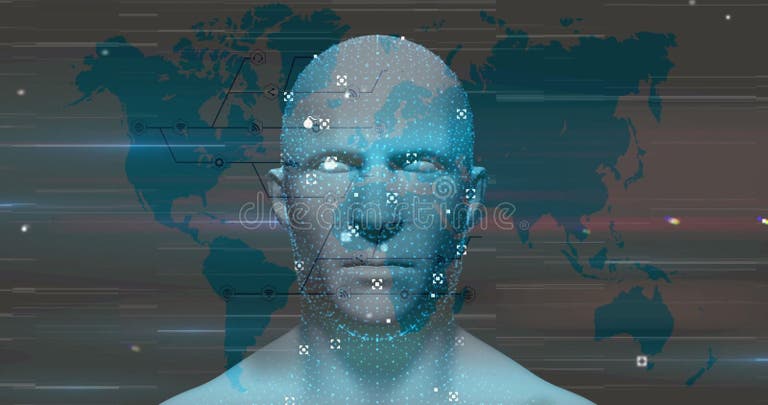 Digital Human Face with Data Points and World Map, Global Technology ...