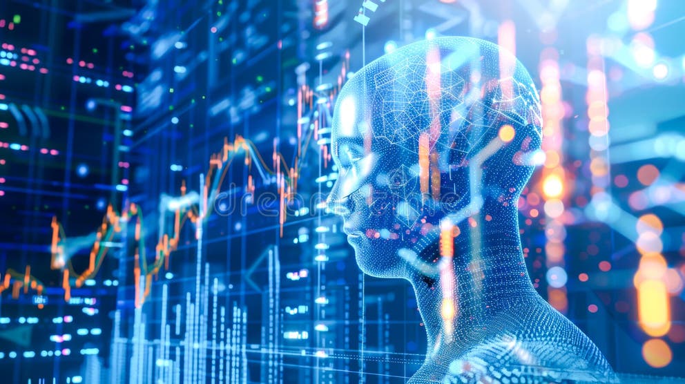 Digital Human Face Integrated with Data Streams and Graphs Stock Image ...