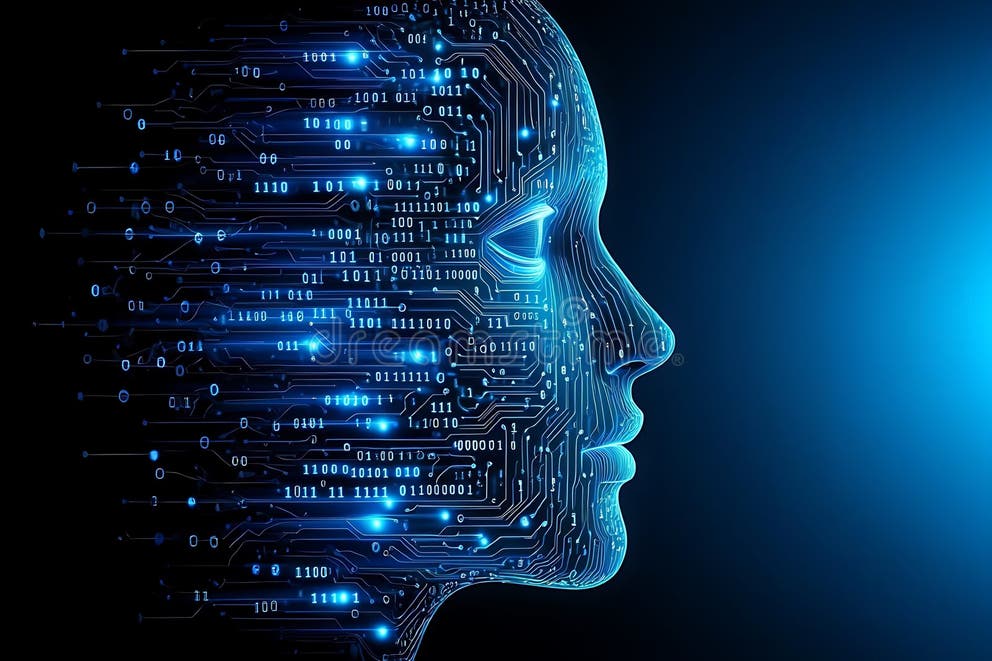 Digital Human Face Made of Circuits and Binary Code Stock Illustration ...