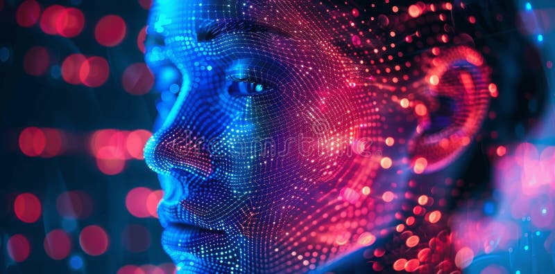Digital Human Face Profile with Holographic Particles and Neon Light ...