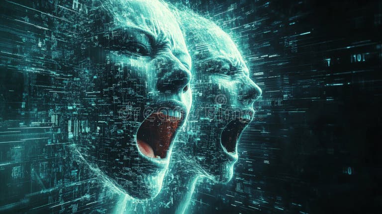 Digital Human Faces Screaming in Pain and Fear, Emerging from Binary Code Stream Stock Image ...