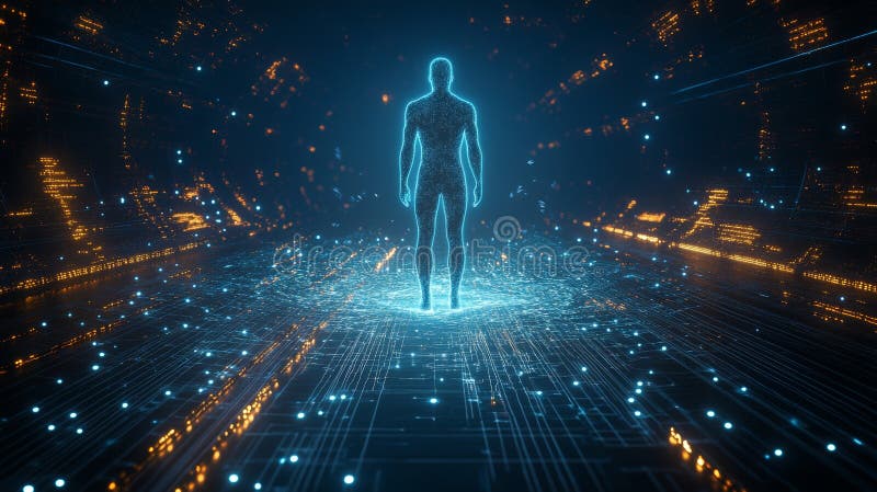 Digital Human Figure with a Blue Glow Standing on a Futuristic Platform ...