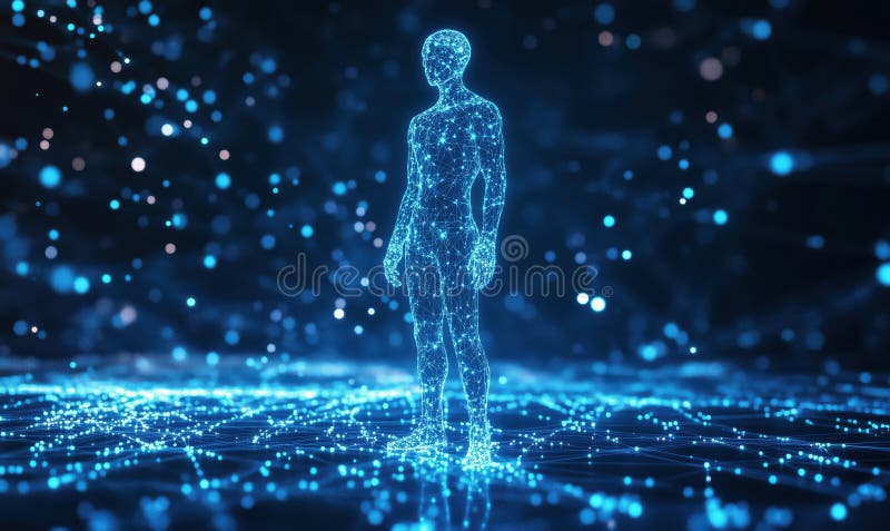 Digital Human Figure Composed of Glowing Blue Particles in a Networked ...