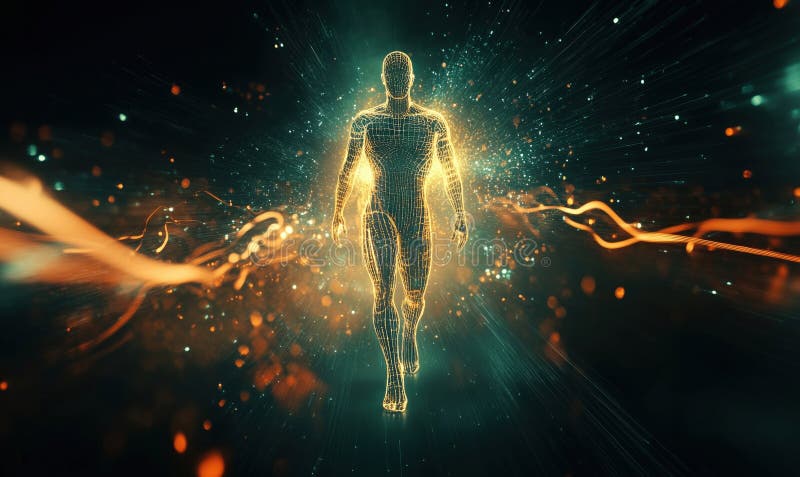 Digital Human Figure in Glowing Wireframe with Energetic Background ...