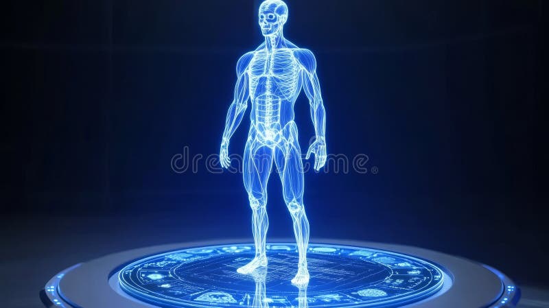 A Digital Human Figure in a High-tech Environment, Surrounded by ...
