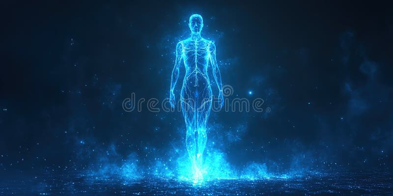Digital Human Figure Illuminated by Blue Light in a Futuristic Virtual ...