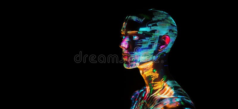 Digital Human Figure Illuminated with Vibrant Projections Showcasing ...
