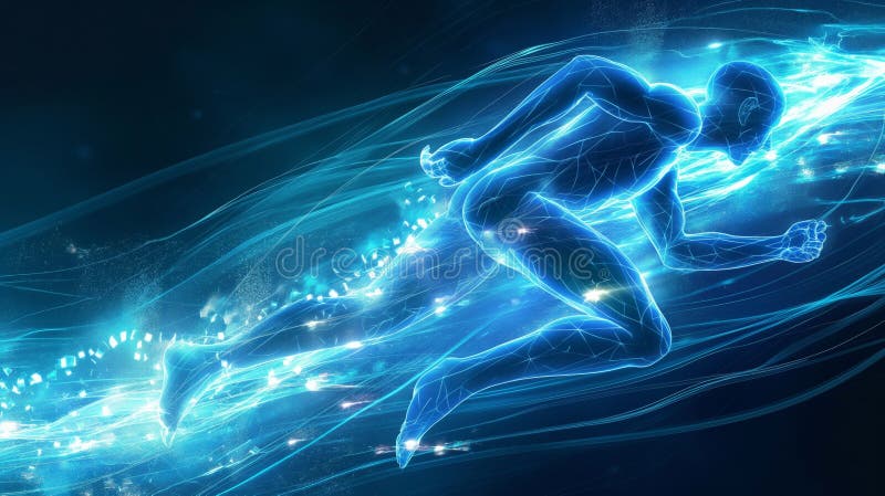 Digital Human Figure Running in a Futuristic Blue Stream Stock Photo ...