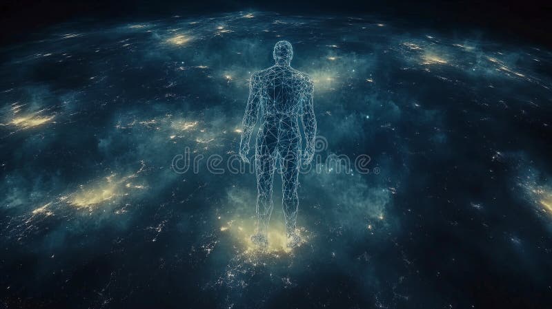 Digital Human Figure Standing in Cosmic Network Glow Stock Illustration ...