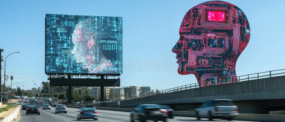 A Digital Human Head Billboard on a Highway, with an Abstract, Digital ...