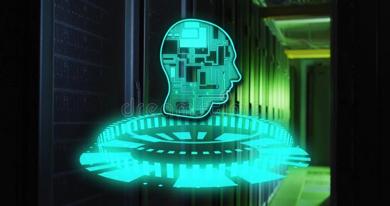 Digital Human Head and Circuit Board Animation Over Data Center Servers ...