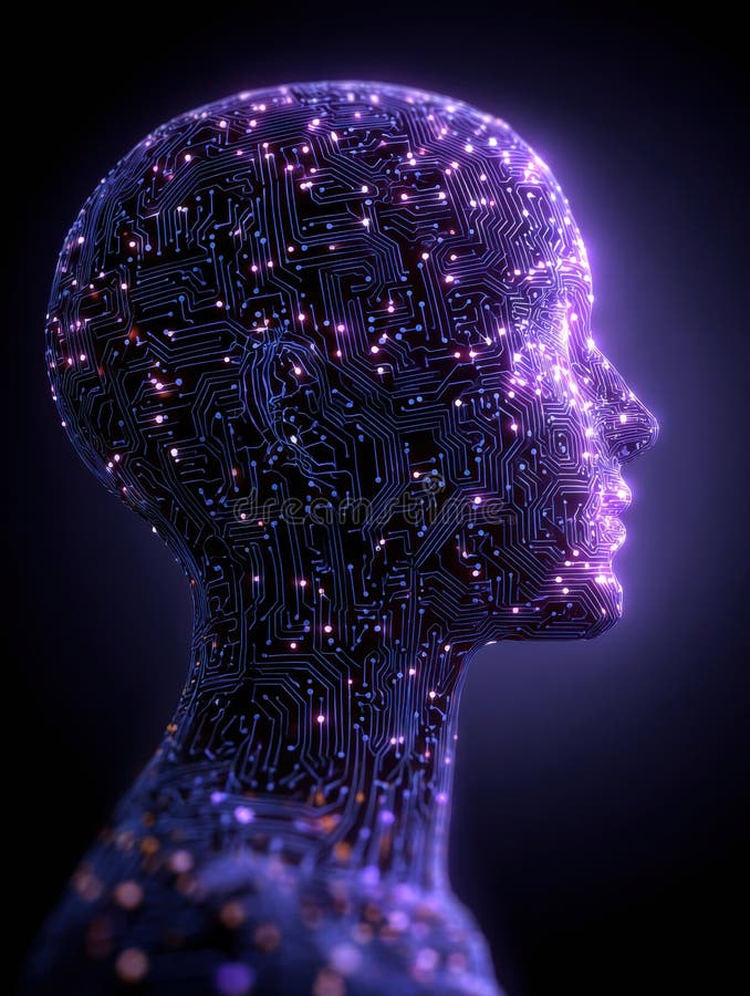 Digital Human Head with Circuit Patterns Illuminated by Purple Light Representing Artificial ...