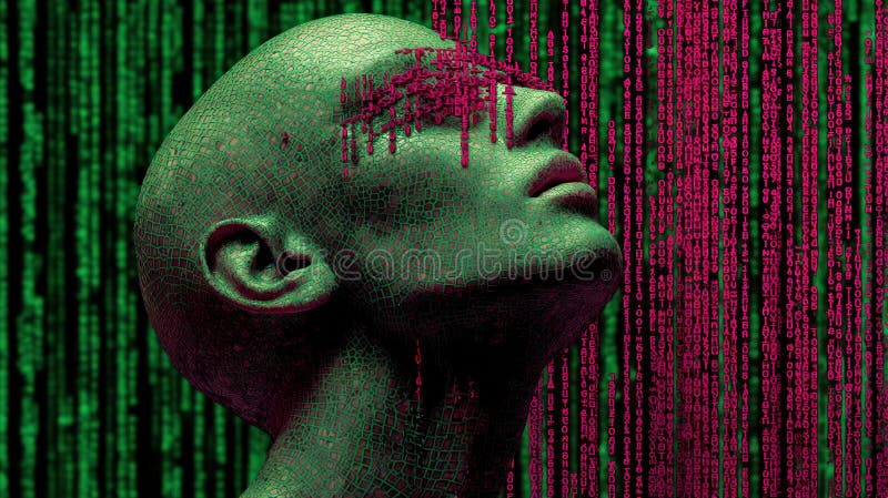 Digital Human Head with Cracked Surface and Red Binary Code Dripping Over Eyes Symbolizes Social ...