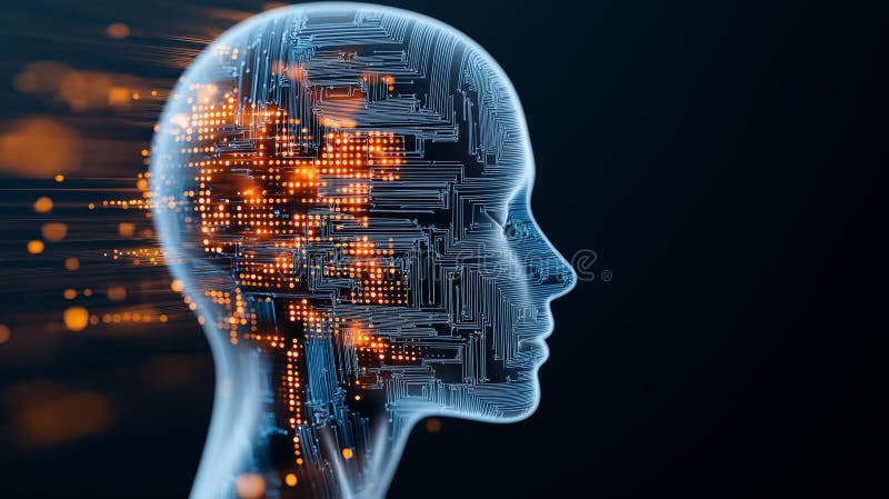 Digital Human Head with Glowing Circuitry and Data Streams Represents ...