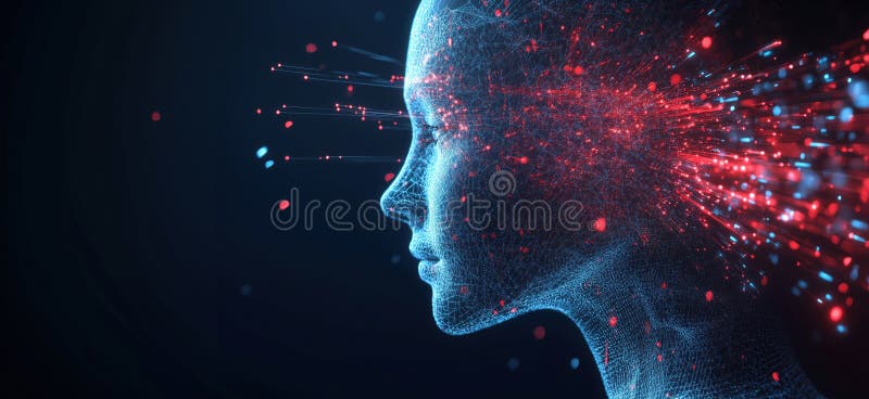 Digital Human Head with Glowing Particles and Data Streams Representing ...