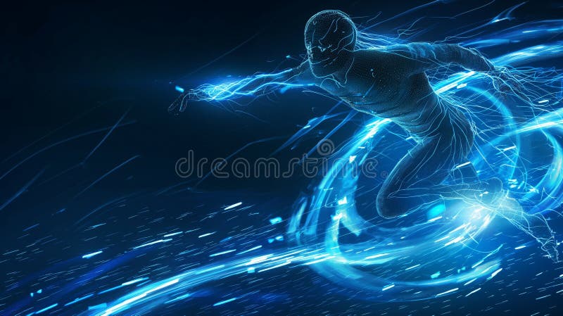 Digital Human in Motion with Blue Light Trails Stock Image - Image of ...