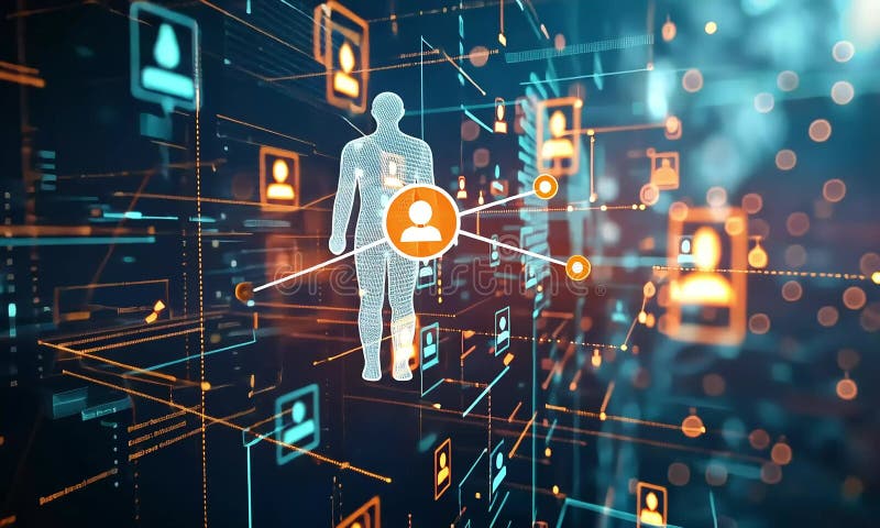 Digital Human Navigating Network Data Flow, Futuristic Background Stock ...