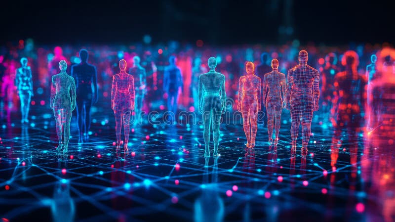 Digital Human Network: Glowing Crowd Connected by Lines Stock ...
