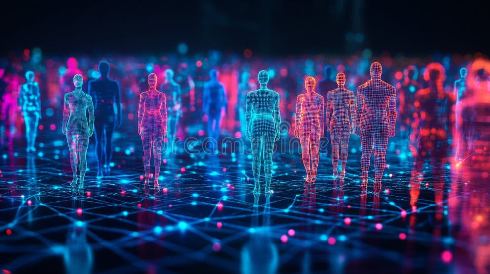 Digital Human Network: Glowing Crowd Connected by Lines Stock ...