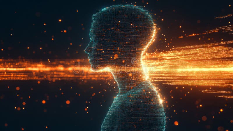 Digital Human Profile with Glowing Orange and Blue Data Stream Stock ...