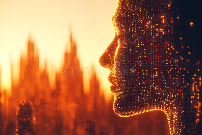 Digital Human Profile at Sunset Over Cityscape Futuristic AI and ...