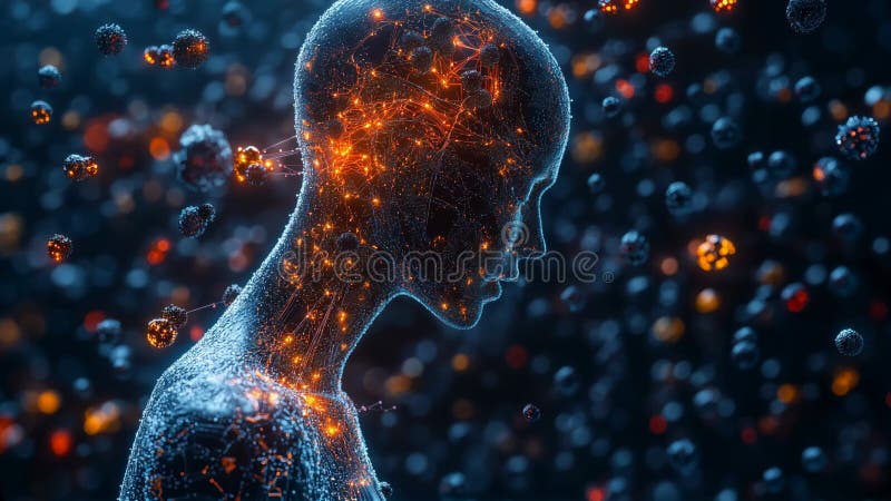 Digital Human Silhouette Amidst Glowing Particles and Data Streams ...