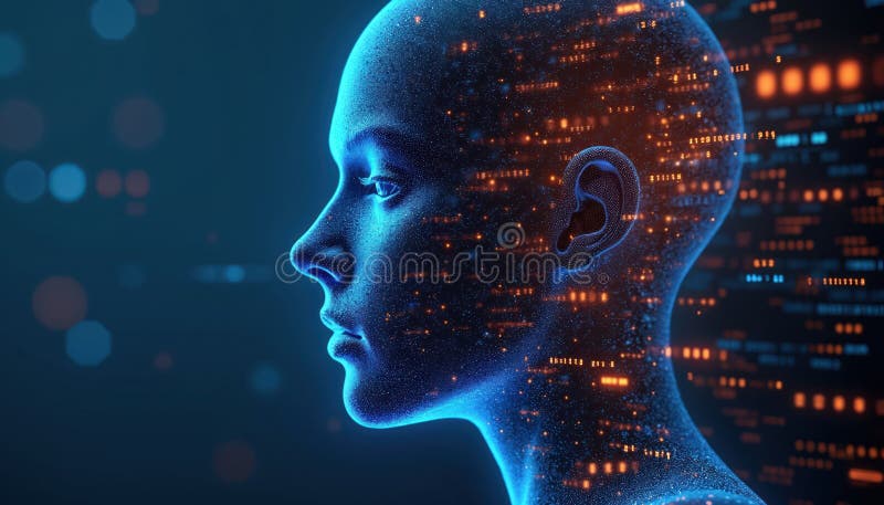 Digital Human Silhouette Composed of Glowing Particles, Binary Code, Representing Artificial ...