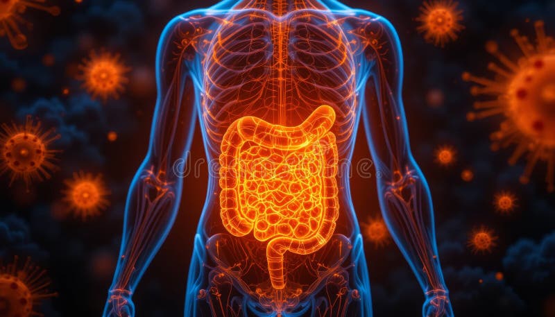 Digital Human Torso with Glowing Digestive System in Orange Hues Stock ...