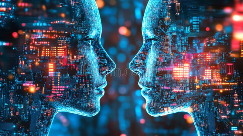 Digital Humanoid AI Faces Circuitry Network Technology Future Art Red ...