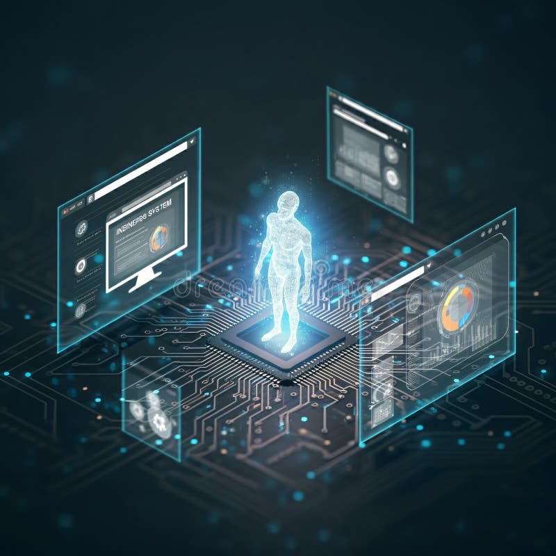 Digital Humanoid on Circuit Board Modern Technology System Interface ...