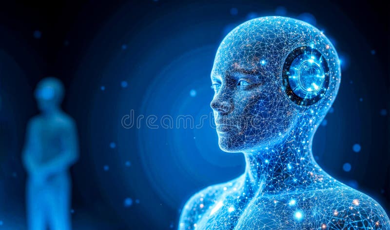 Digital Humanoid Composed of Blue Glowing Lines and Nodes in Abstract ...