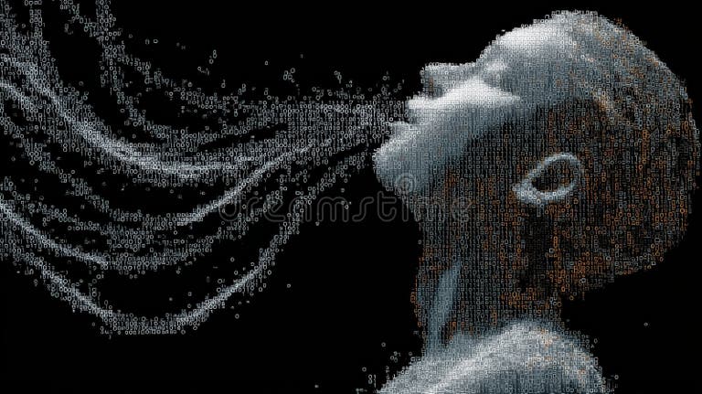 Digital Humanoid Figure with Streams of Binary Code Flowing from Its ...