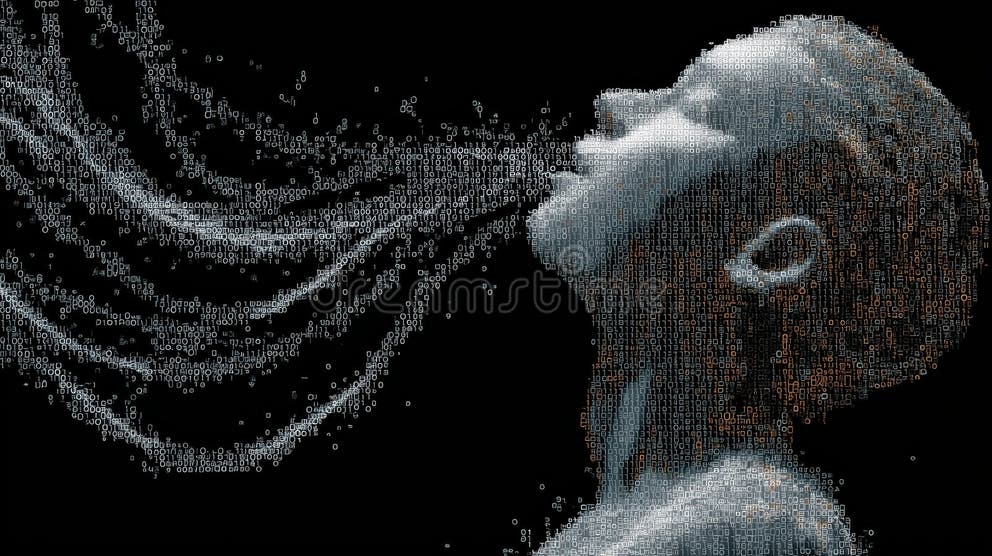 Digital Humanoid Figure with Streams of Binary Code Flowing from Its ...