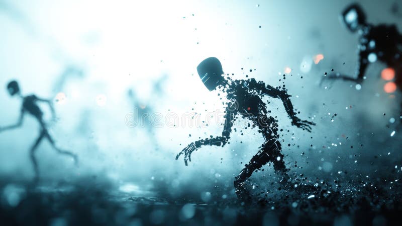 Digital Humanoid Figures Running in a Glowing Environment Stock Photo ...