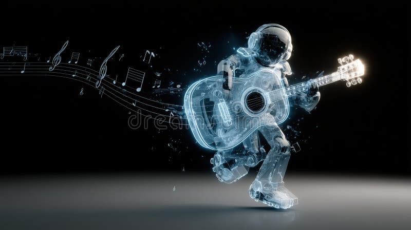 Digital Humanoid Robot Plays Acoustic Guitar, Surrounded by Musical ...