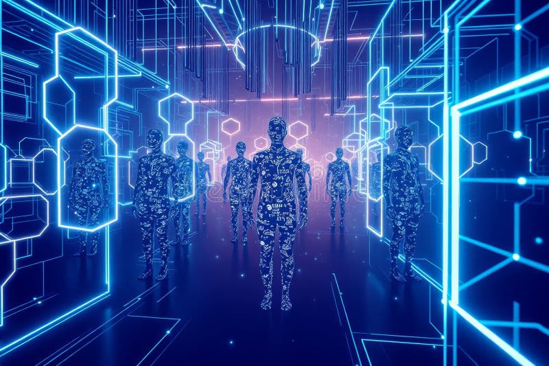 Digital Humans Stand within a Glowing, Futuristic Network, Representing ...