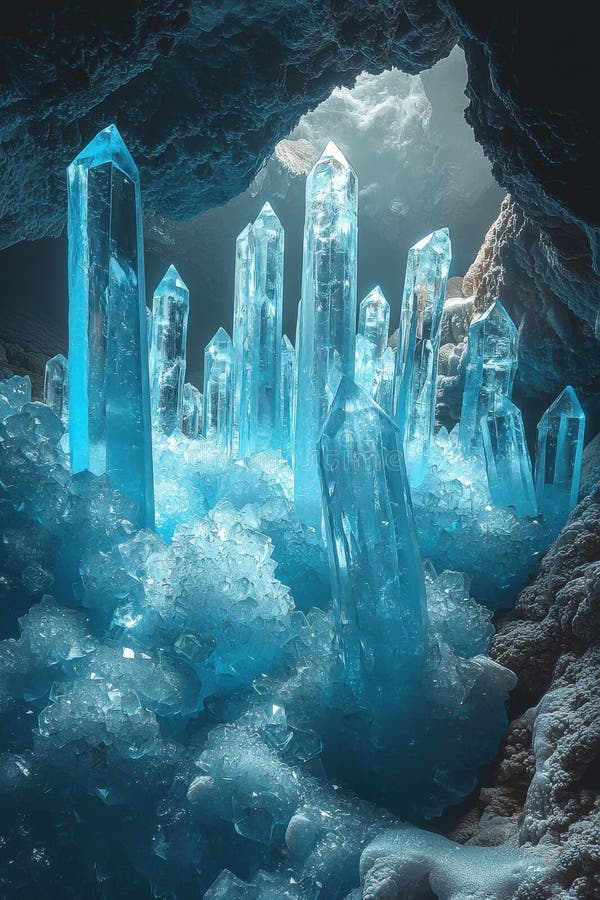 Digital Ice Cave with Glowing Blue Crystals and Shimmering Ice ...