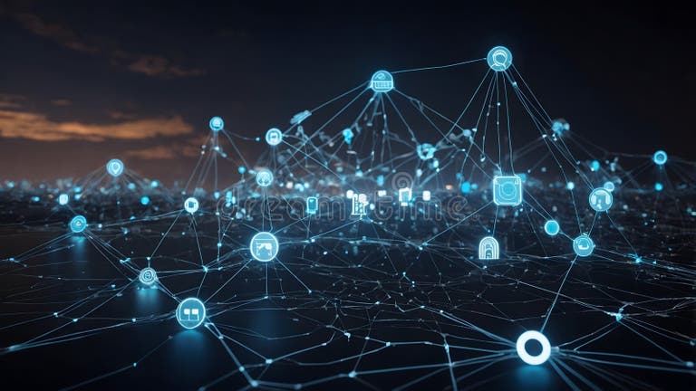 Digital Icon Set with Cloud Computing, IoT Devices, and Robotics Linked through Network Nodes ...