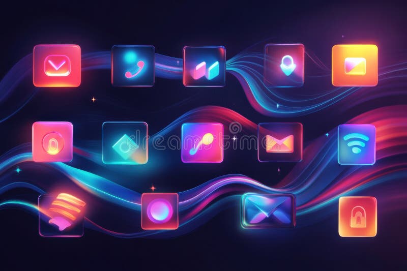 Neon Glowing Icons Representing Modern Digital Communication and ...