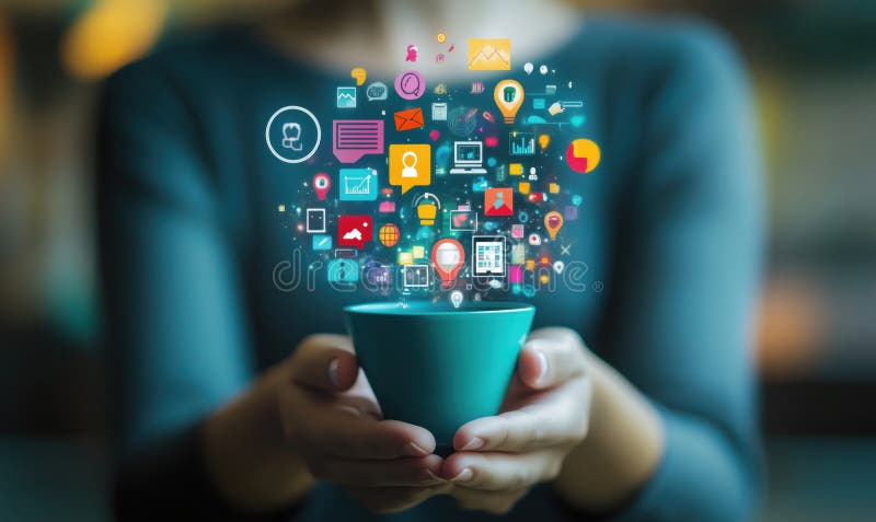 Digital Icons Emerging from Hands, Representing Technology and ...