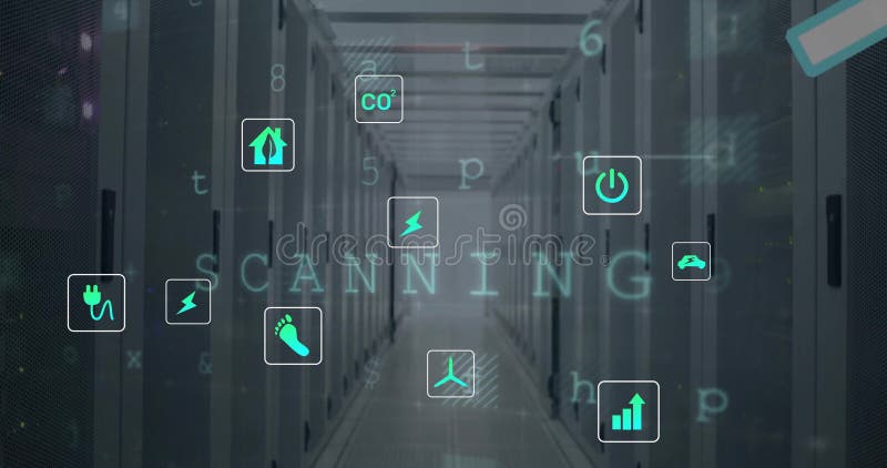 Digital Icons Floating in Server Room, Showing Tech Symbols Stock ...