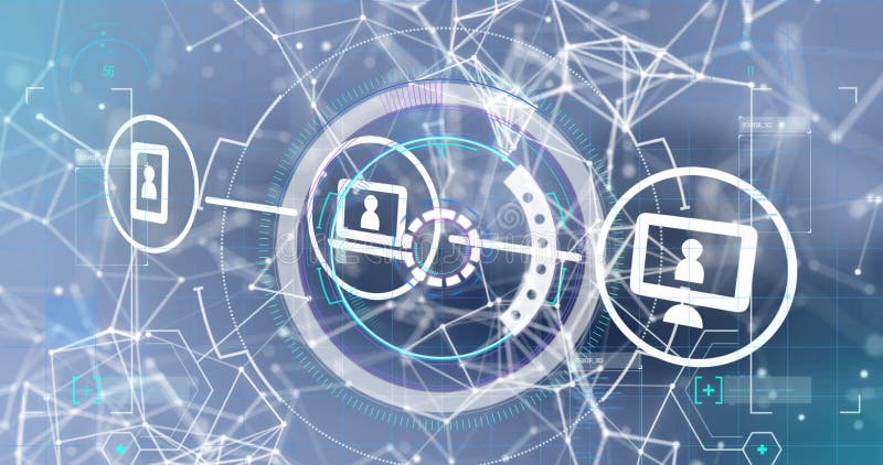 Digital Icons and Network of Connections Against Round Scanner on Blue ...