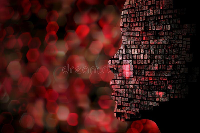 Digital Identity, Profile of a Human Head Composed of Pixels on a Red ...