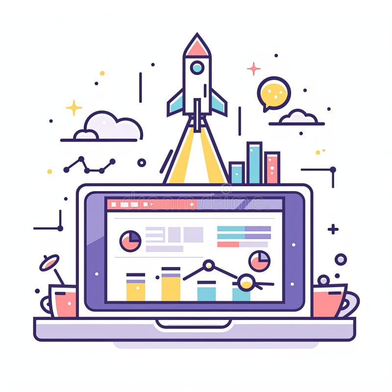 Digital Illustration of Analytics with Rocket Launch Representing ...