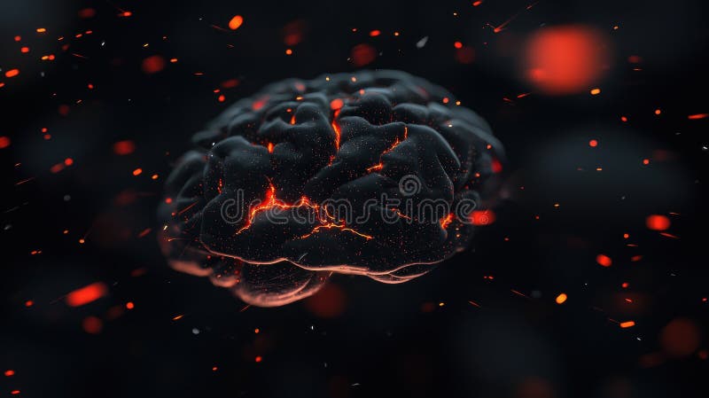 A Digital Illustration of a Black Brain with Orange Sparks Emanating ...