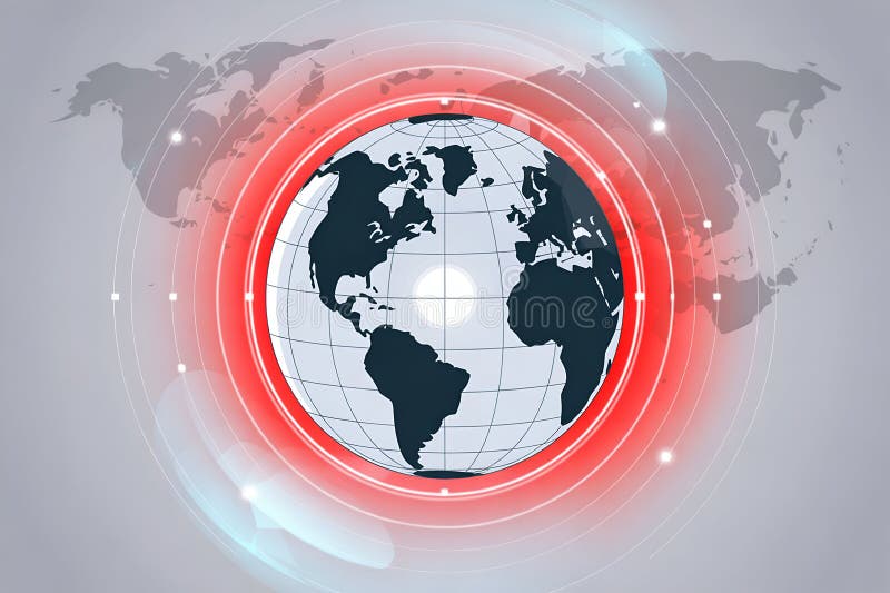 Wireframe Globe with Red Radar Rings on Gray Map Background Stock ...