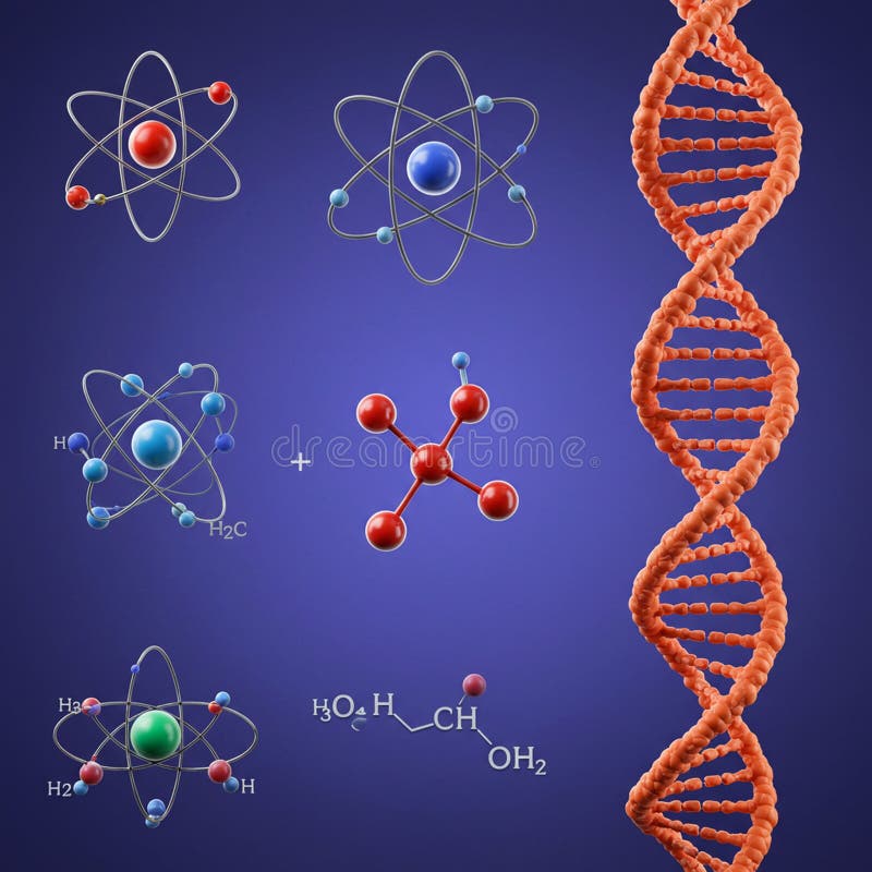 Digital Illustration on a Blue Background Showing Atomic and Molecular ...