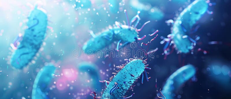 Digital Illustration of Blue Bacteria with Flagella in a Microscopic ...